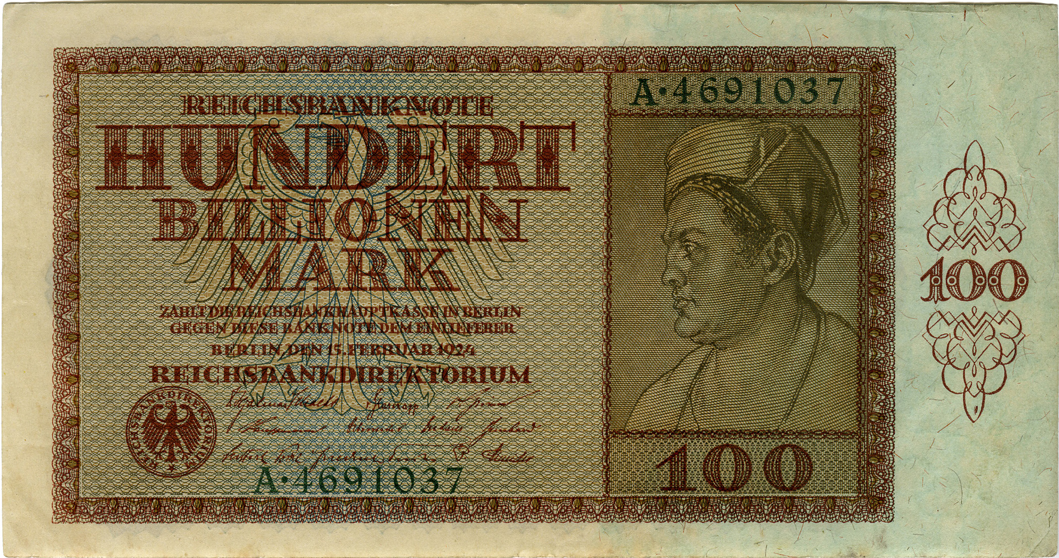 MK-B | Reichsbank: 100 Billionen Mark 1924 1924